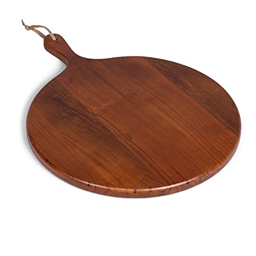 BIRDROCK HOME 15” Round Acacia Wooden Cheese Serving Board with Handle - Medium - Party Charcuterie Board for Appetizers Wood Food Kitchen Platter - Pizza Fruit Display - Espresso