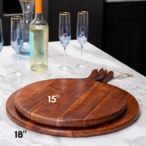 BIRDROCK HOME 15” Round Acacia Wooden Cheese Serving Board with Handle - Medium - Party Charcuterie Board for Appetizers Wood Food Kitchen Platter - Pizza Fruit Display - Espresso