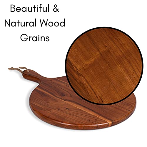 BIRDROCK HOME 15” Round Acacia Wooden Cheese Serving Board with Handle - Medium - Party Charcuterie Board for Appetizers Wood Food Kitchen Platter - Pizza Fruit Display - Espresso