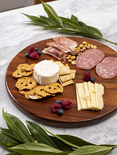 BIRDROCK HOME 15” Round Acacia Wooden Cheese Serving Board with Handle - Medium - Party Charcuterie Board for Appetizers Wood Food Kitchen Platter - Pizza Fruit Display - Espresso