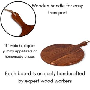 BIRDROCK HOME 15” Round Acacia Wooden Cheese Serving Board with Handle - Medium - Party Charcuterie Board for Appetizers Wood Food Kitchen Platter - Pizza Fruit Display - Espresso