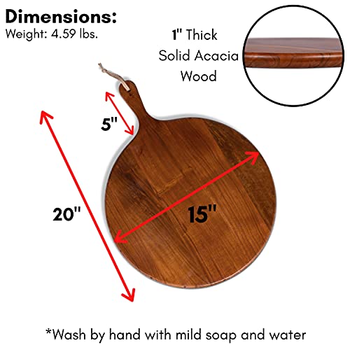 BIRDROCK HOME 15” Round Acacia Wooden Cheese Serving Board with Handle - Medium - Party Charcuterie Board for Appetizers Wood Food Kitchen Platter - Pizza Fruit Display - Espresso