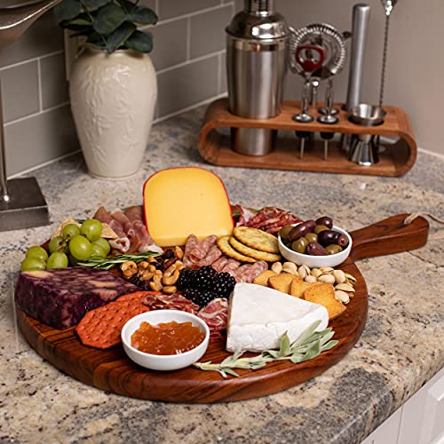 BIRDROCK HOME 15” Round Acacia Wooden Cheese Serving Board with Handle - Medium - Party Charcuterie Board for Appetizers Wood Food Kitchen Platter - Pizza Fruit Display - Espresso