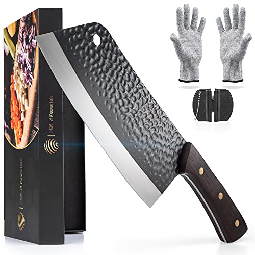 Meat Cleaver Gift Set, Sharpener and Anti-Cut Gloves, 7.5 Inch Fully Forged Cleaver Knife for Meat Cutting, Vegetables Chopping and Slicing, Full Tang Vegetable Cleaver, Ergonomic Riveted Wood Handle