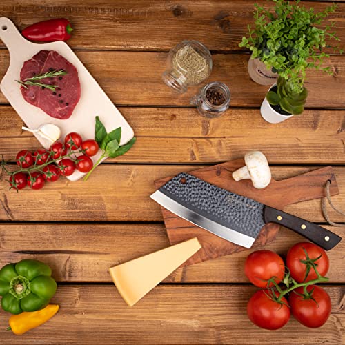 Meat Cleaver Gift Set, Sharpener and Anti-Cut Gloves, 7.5 Inch Fully Forged Cleaver Knife for Meat Cutting, Vegetables Chopping and Slicing, Full Tang Vegetable Cleaver, Ergonomic Riveted Wood Handle