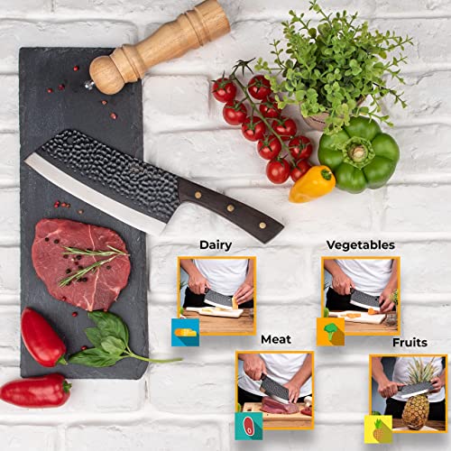 Meat Cleaver Gift Set, Sharpener and Anti-Cut Gloves, 7.5 Inch Fully Forged Cleaver Knife for Meat Cutting, Vegetables Chopping and Slicing, Full Tang Vegetable Cleaver, Ergonomic Riveted Wood Handle