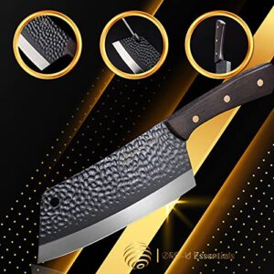 Meat Cleaver Gift Set, Sharpener and Anti-Cut Gloves, 7.5 Inch Fully Forged Cleaver Knife for Meat Cutting, Vegetables Chopping and Slicing, Full Tang Vegetable Cleaver, Ergonomic Riveted Wood Handle