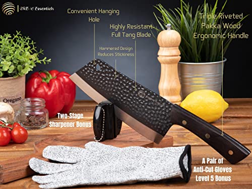 Meat Cleaver Gift Set, Sharpener and Anti-Cut Gloves, 7.5 Inch Fully Forged Cleaver Knife for Meat Cutting, Vegetables Chopping and Slicing, Full Tang Vegetable Cleaver, Ergonomic Riveted Wood Handle