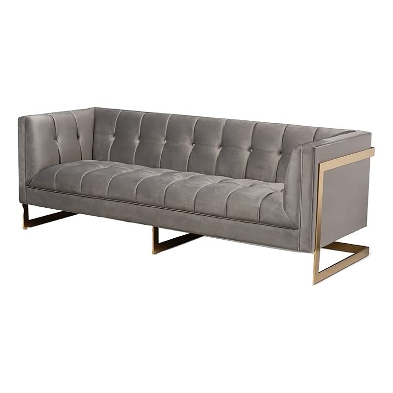 Pemberly Row 17.3" Modern Velvet Fabric Upholstered Sofa in Gray/Gold