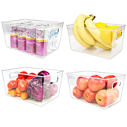 Puricon Set of 4 Refrigerator Organizer Bins, Clear Plastic Kitchen Organizer Food Storage Containers with Handles for Fridge Pantry Freeze Cabinets Countertops - BPA Free