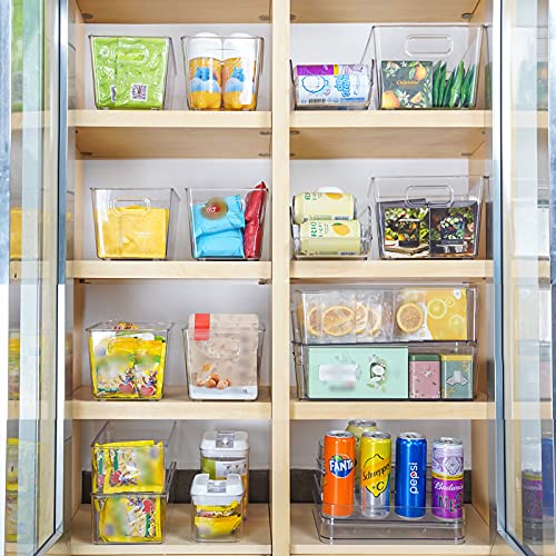 Puricon Set of 4 Refrigerator Organizer Bins, Clear Plastic Kitchen Organizer Food Storage Containers with Handles for Fridge Pantry Freeze Cabinets Countertops - BPA Free