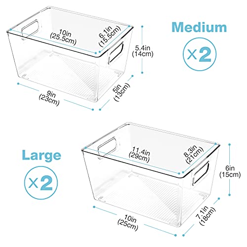 Puricon Set of 4 Refrigerator Organizer Bins, Clear Plastic Kitchen Organizer Food Storage Containers with Handles for Fridge Pantry Freeze Cabinets Countertops - BPA Free