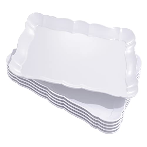 BBG 6 Pack Rectangle White Plastic Serving Trays, 15" x 10" Heavy Duty Serving Platters, Reusable Trays Perfect For Wedding, Parties & Buffet,Spring