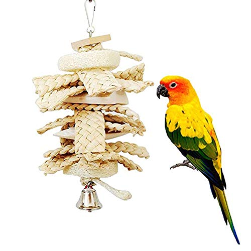 SCDCWW Bird Parrot Toy with Bell Natural Wooden Grass Chewing Bite Hanging Cage Swing Climb Chew Toys