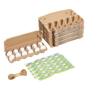 18 pack 1 dozen paper egg cartons with labels for 12 chicken eggs, 50 self-adhesive labels, 1 jute string roll (brown)