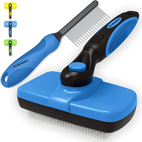 BORUHOLI Self-Cleaning Slicker Dog/Cat Brush and Comb Kit,Cat/Dog Brush and Comb for Shedding and Grooming Long/Short Hair and Large/Small Dogs, Cats, Rabbits, Pets - Dematting Comb. (Blue)