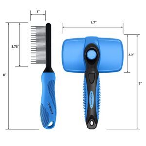 BORUHOLI Self-Cleaning Slicker Dog/Cat Brush and Comb Kit,Cat/Dog Brush and Comb for Shedding and Grooming Long/Short Hair and Large/Small Dogs, Cats, Rabbits, Pets - Dematting Comb. (Blue)