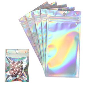 100 pcs resealable smell proof bags large bags 5" x 8" holographic rainbow color bags for food storage coffee beans, candy & jewelry packaging-