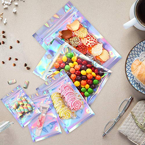 100 Pcs Resealable Smell Proof Bags Large Bags 5" x 8" Holographic Rainbow Color Bags for Food Storage Coffee Beans, Candy & Jewelry Packaging-