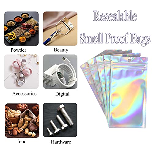 100 Pcs Resealable Smell Proof Bags Large Bags 5" x 8" Holographic Rainbow Color Bags for Food Storage Coffee Beans, Candy & Jewelry Packaging-