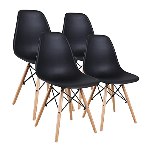 Amazon Basics Modern Dining Chair Set, Shell Chair with Wood Legs for Kitchen, Dining, Living Room - Set of 4, Black