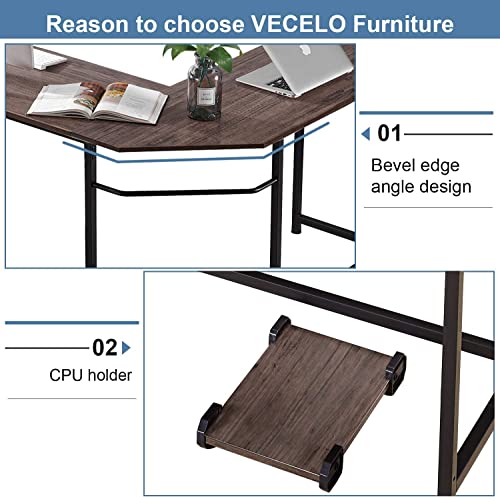 VECELO L-Shaped Corner CPU Stand Study Writing Table Workstation Gaming Computer Desk for Home Office,Coffee, 66