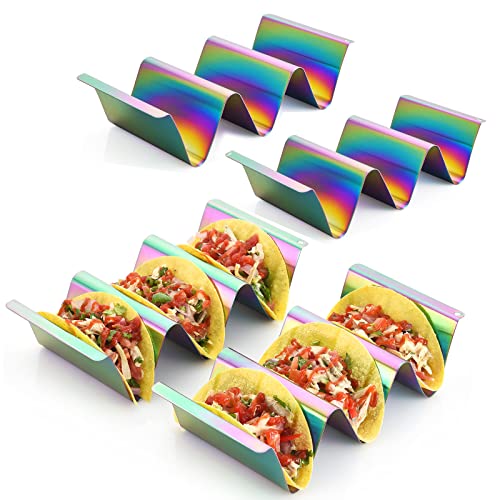 Taco Holder Set of 4 -Taco Tuesday Taco Stand Tray by Titanium Plated Stainless Steel-Perfect for Burritos Nachos Fajitas-Beautiful Colors