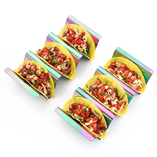 Taco Holder Set of 4 -Taco Tuesday Taco Stand Tray by Titanium Plated Stainless Steel-Perfect for Burritos Nachos Fajitas-Beautiful Colors