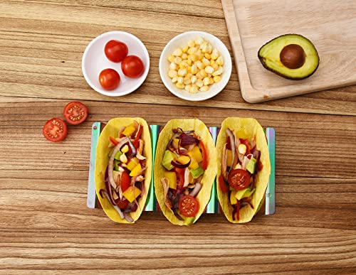 Taco Holder Set of 4 -Taco Tuesday Taco Stand Tray by Titanium Plated Stainless Steel-Perfect for Burritos Nachos Fajitas-Beautiful Colors