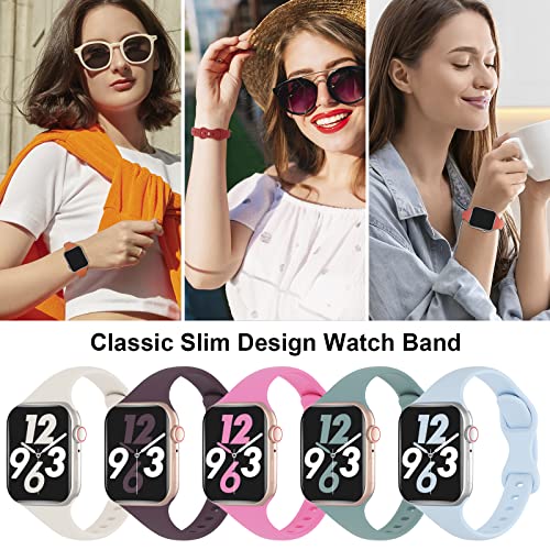 TSAAGAN 5 Pack Silicone Slim Bands Compatible with Apple Watch Band 38mm 42mm 40mm 44mm 41mm 45mm 49mm, Soft Narrow Sport Strap Thin Wristband for iWatch Ultra Series 8/7/SE/6/5/4/3/2/1 Women Men