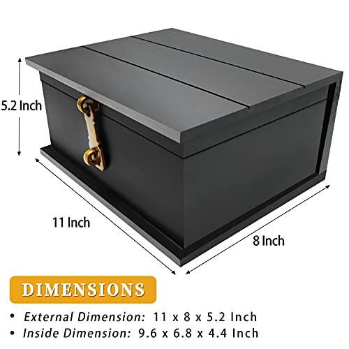 Prodigen Antique Style Wood Storage Box with Lid, Large Wooden Box with Hinged Lid, Keepsake Box with Metal Latch, Decorative box for Home or Office-Black