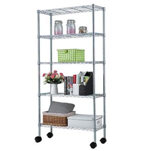 baisha 5 tier rolling storage shelves metal wire shelving unit, heavy duty commercial grade shelf, height adjustable organizer rack for garage kitchen office, 36 l x 14 w 65 inch h (chrome) (xm-206)