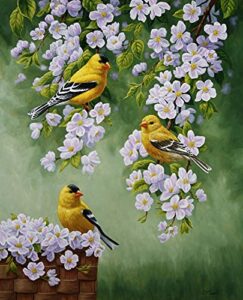 goldfinch with white blossoms panel david textiles al4209 cotton fabric