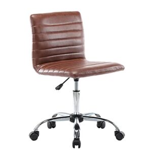 desk chair, stylish armless low back stool look, made of faux leather, supplied with adjustable 360 degrees swivel and small rolling wheels, perfect for computer tasks in the office or bedroom, brown