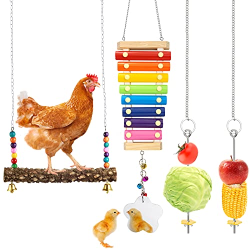 Woiworco 4 Packs Chicken Toys for Hens in Coop, Chicken Xylophone Toy with Mirror, Vegetable Hanging Feeder and Chicken Swing Toys Chicken Supplies Chicken Coop Accessories for Your Chicken Gift