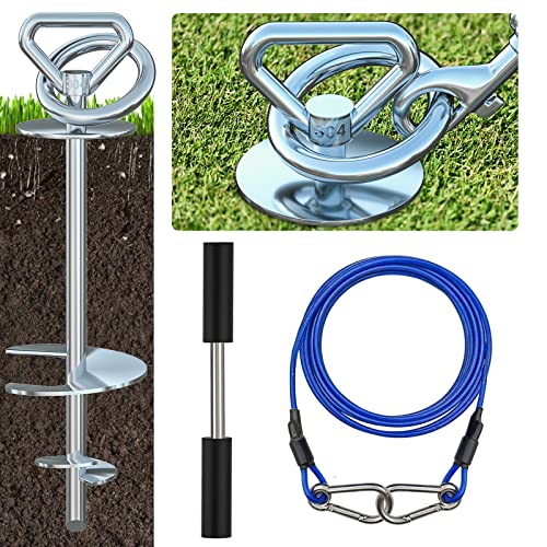 Dog Tie Out Cable and Stake,360° Swivel Dog Yard Stake and Leash - Heavy Duty 304 Stainless Steel Dog Anchor-Holds 1 Large Dogs Over 150LBS Easily-Dog Chain for Yard Outdoor Camping