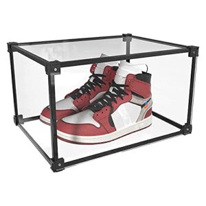 lanscoery shoe storage box stackable shoe organizer, clear acrylic foldable shoe storage containers display case with magnetic side opening door for sneakers, booties, pumps, flats, heels, set of 1