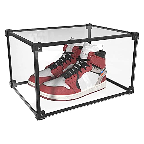 LANSCOERY Shoe Storage Box Stackable Shoe Organizer, Clear Acrylic Foldable Shoe Storage Containers Display Case with Magnetic Side Opening Door for Sneakers, Booties, Pumps, Flats, Heels, Set of 1