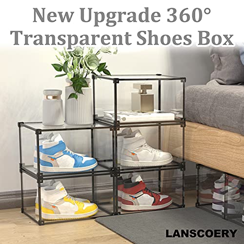 LANSCOERY Shoe Storage Box Stackable Shoe Organizer, Clear Acrylic Foldable Shoe Storage Containers Display Case with Magnetic Side Opening Door for Sneakers, Booties, Pumps, Flats, Heels, Set of 1