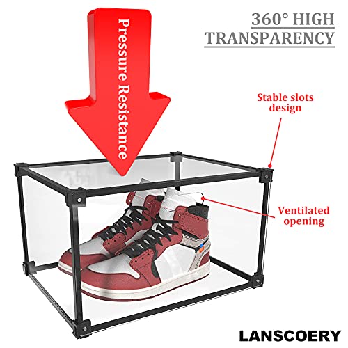 LANSCOERY Shoe Storage Box Stackable Shoe Organizer, Clear Acrylic Foldable Shoe Storage Containers Display Case with Magnetic Side Opening Door for Sneakers, Booties, Pumps, Flats, Heels, Set of 1