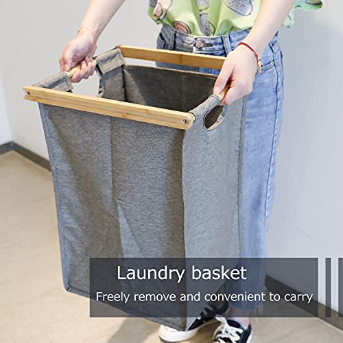 Jolitac Bamboo Laundry Hamper and Shelf, Dual Compartments Laundry Basket with Removable Sliding Bags, Large Capacity Laundry Sorter Organizer, Bathroom Clothes Storage Hampers