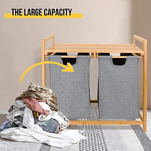 Jolitac Bamboo Laundry Hamper and Shelf, Dual Compartments Laundry Basket with Removable Sliding Bags, Large Capacity Laundry Sorter Organizer, Bathroom Clothes Storage Hampers