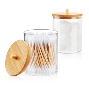 tcjj 2 pack acrylic qtip holder dispenser jars with bamboo lids, cotton ball pad round swab holder for bathroom accessories storage organizer