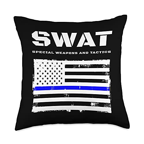 SWAT TEAM SPECIAL POLICE FORCE UNIT MEMBER GIFTS SWAT Special Weapons and Tactics Thin Blue Line USA Flag Throw Pillow, 18x18, Multicolor