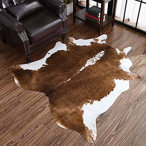 HOMORE Cowhide Rug, Cute Cow Print Rug for Living Room Faux Cow Hide Animal Print Carpet for Bedroom Office Table, 4.6 x 5.2 Feet, Khaki Brown