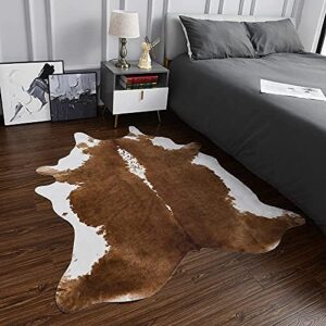 HOMORE Cowhide Rug, Cute Cow Print Rug for Living Room Faux Cow Hide Animal Print Carpet for Bedroom Office Table, 4.6 x 5.2 Feet, Khaki Brown