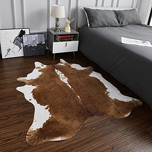 HOMORE Cowhide Rug, Cute Cow Print Rug for Living Room Faux Cow Hide Animal Print Carpet for Bedroom Office Table, 4.6 x 5.2 Feet, Khaki Brown