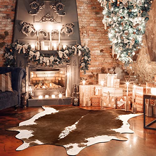 HOMORE Cowhide Rug, Cute Cow Print Rug for Living Room Faux Cow Hide Animal Print Carpet for Bedroom Office Table, 4.6 x 5.2 Feet, Khaki Brown