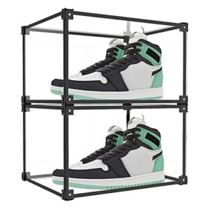 lasoa clear acrylic shoe box, foldable stackable plastic shoe box magnetic side open fully transparent sneaker display box containers, shoe organizer for booties, sneakers, collectibles, 2 pack