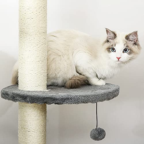 PawHut 85.5" Cat Tree Height Adjustable Floor-to-Ceiling 4-Tier Kitty Climbing Activity Center Condo Cat Toy with Scratching Post Hanging Balls Play Rest Post Pet Furniture Grey